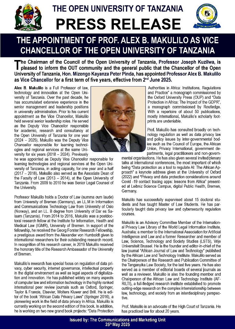 Professor Makulilo Appointed as the New VC of the Open University of ...